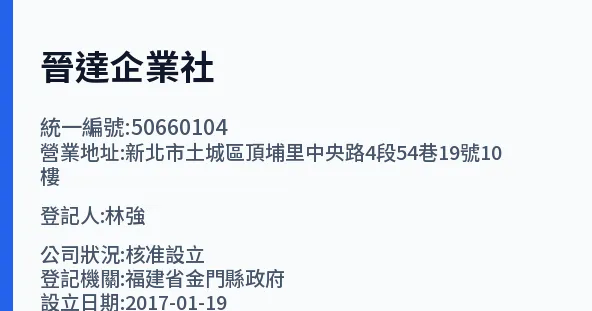 晉達企業社的照片-統編 50660104(新北市) 公司登記資料與營業項目詳細圖表