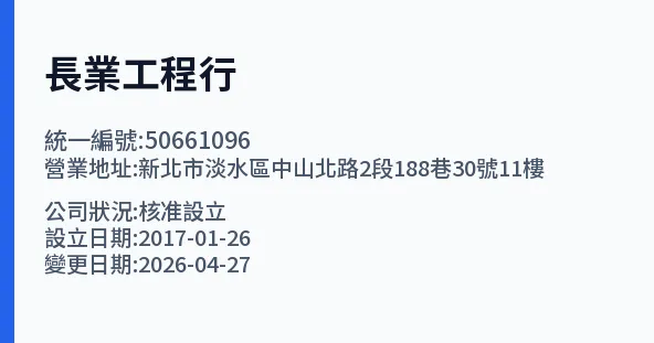 長業工程行的照片-統編 50661096(新北市) 公司登記資料與營業項目詳細圖表