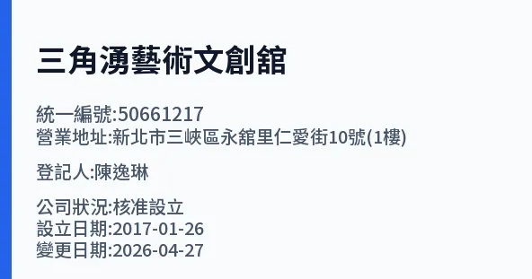 三角湧藝術文創舘的照片-統編 50661217(新北市) 公司登記資料與營業項目詳細圖表