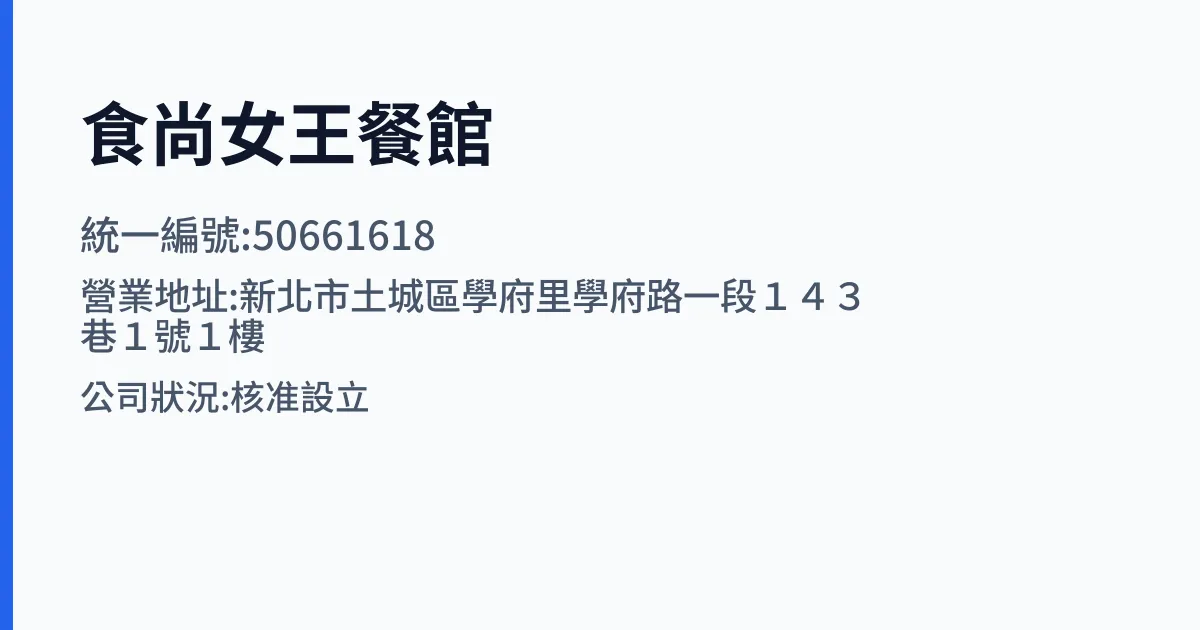 食尚女王餐館 - 統編 50661618(新北市) 公司登記資料與營業項目詳細圖表