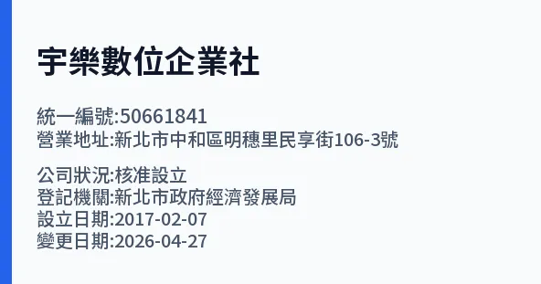 宇樂數位企業社的照片-統編 50661841(新北市) 公司登記資料與營業項目詳細圖表