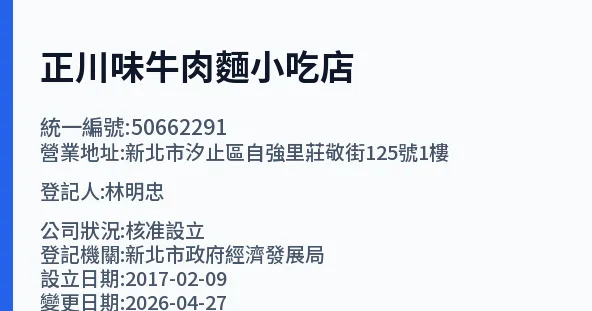 正川味牛肉麵小吃店的照片-統編 50662291(新北市) 公司登記資料與營業項目詳細圖表