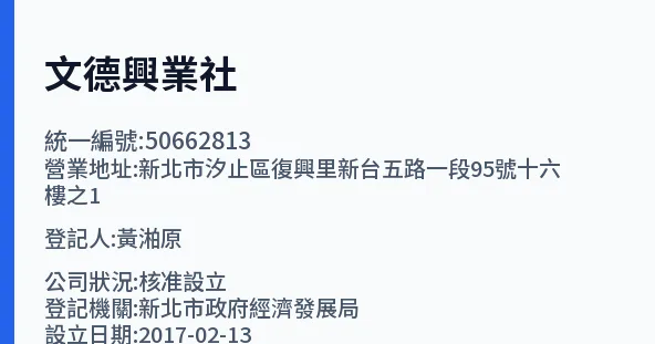 文德興業社的照片-統編 50662813(新北市) 公司登記資料與營業項目詳細圖表