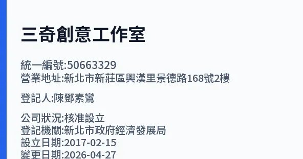 三奇創意工作室的照片-統編 50663329(新北市) 公司登記資料與營業項目詳細圖表