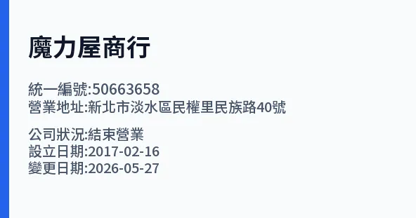 魔力屋商行的照片-統編 50663658(新北市) 公司登記資料與營業項目詳細圖表