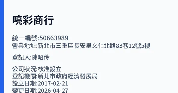 喨彩商行的照片-統編 50663989(新北市) 公司登記資料與營業項目詳細圖表