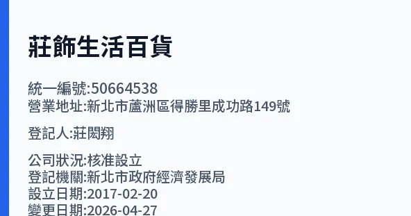 莊飾生活百貨的照片-統編 50664538(新北市) 公司登記資料與營業項目詳細圖表