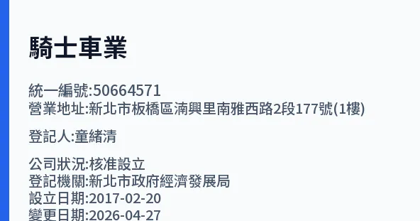 騎士車業的照片-統編 50664571(新北市) 公司登記資料與營業項目詳細圖表