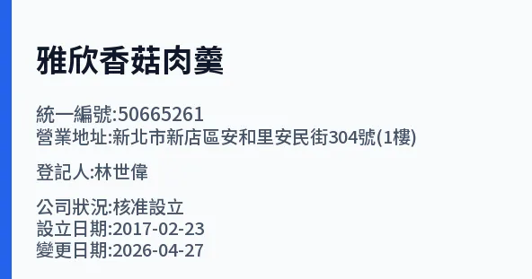 雅欣香菇肉羹的照片-統編 50665261(新北市) 公司登記資料與營業項目詳細圖表