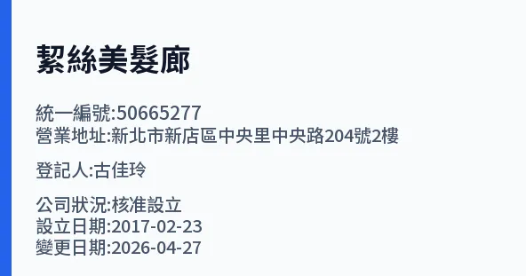 絜絲美髮廊的照片-統編 50665277(新北市) 公司登記資料與營業項目詳細圖表