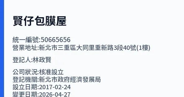賢仔包膜屋的照片-統編 50665656(新北市) 公司登記資料與營業項目詳細圖表