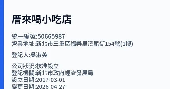 厝來喝小吃店的照片-統編 50665987(新北市) 公司登記資料與營業項目詳細圖表