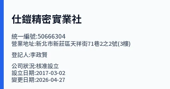 仕鎧精密實業社的照片-統編 50666304(新北市) 公司登記資料與營業項目詳細圖表