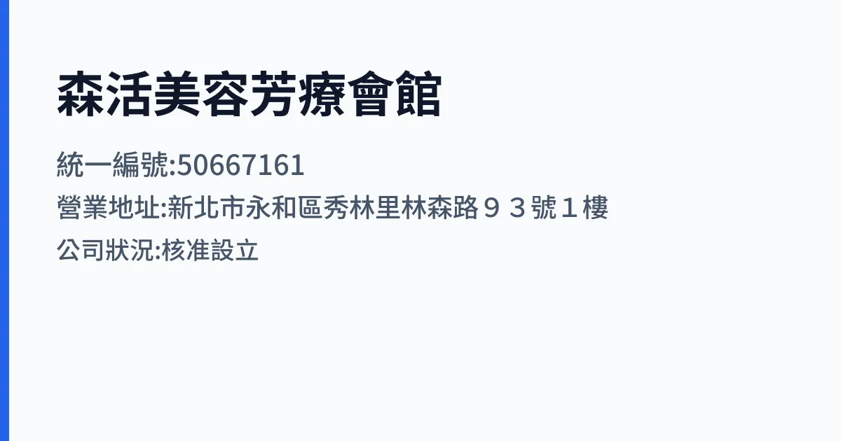 森活美容芳療會館 - 統編 50667161(新北市) 公司登記資料與營業項目詳細圖表
