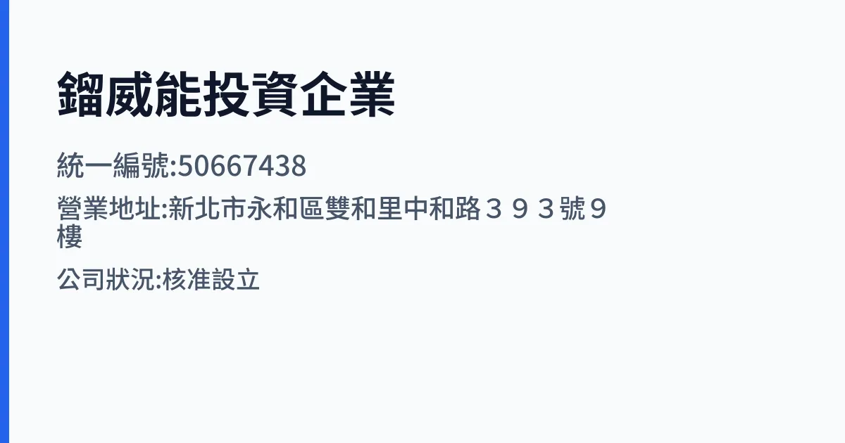 鎦威能投資企業 - 統編 50667438(新北市) 公司登記資料與營業項目詳細圖表
