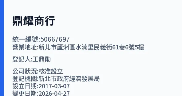鼎耀商行的照片-統編 50667697(新北市) 公司登記資料與營業項目詳細圖表