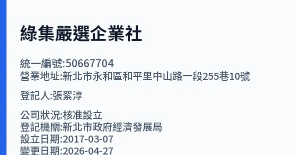 綠集嚴選企業社的照片-統編 50667704(新北市) 公司登記資料與營業項目詳細圖表