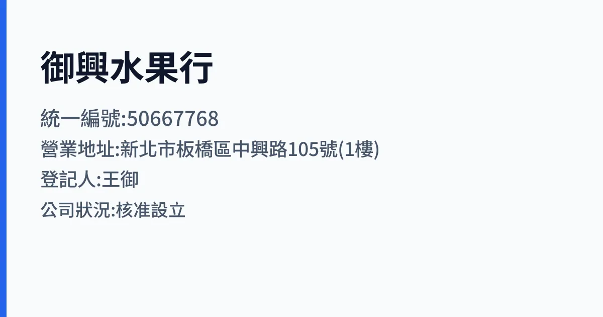 御興水果行 - 統編 50667768(新北市) 公司登記資料與營業項目詳細圖表