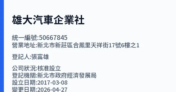 雄大汽車企業社的照片-統編 50667845(新北市) 公司登記資料與營業項目詳細圖表