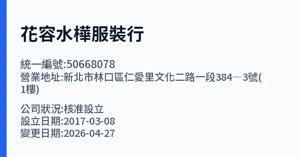 花容水樺服裝行的照片-統編 50668078(新北市) 公司登記資料與營業項目詳細圖表
