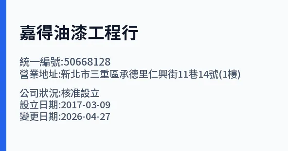 嘉得油漆工程行的照片-統編 50668128(新北市) 公司登記資料與營業項目詳細圖表