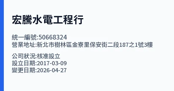 宏騰水電工程行的照片-統編 50668324(新北市) 公司登記資料與營業項目詳細圖表