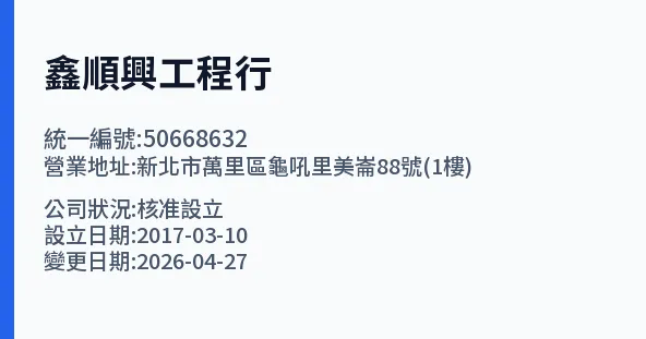 鑫順興工程行的照片-統編 50668632(新北市) 公司登記資料與營業項目詳細圖表