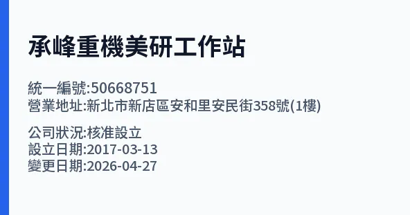 承峰重機美研工作站的照片-統編 50668751(新北市) 公司登記資料與營業項目詳細圖表
