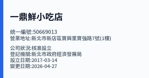 一鼎鮮小吃店的照片-統編 50669013(新北市) 公司登記資料與營業項目詳細圖表