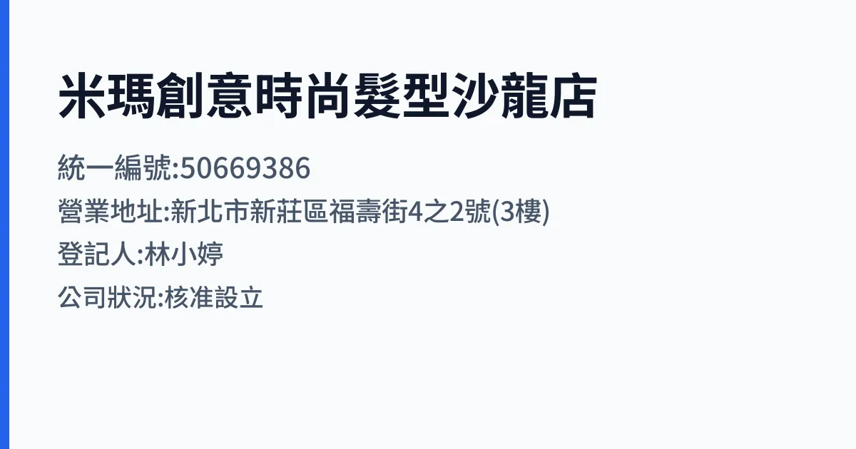 米瑪創意時尚髮型沙龍店 - 統編 50669386(新北市) 公司登記資料與營業項目詳細圖表