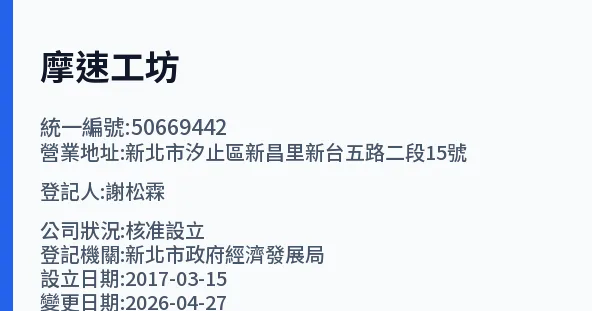 摩速工坊的照片-統編 50669442(新北市) 公司登記資料與營業項目詳細圖表