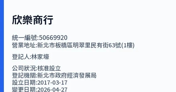 欣樂商行的照片-統編 50669920(新北市) 公司登記資料與營業項目詳細圖表