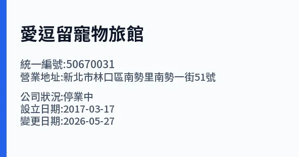 愛逗留寵物旅館的照片-統編 50670031(新北市) 公司登記資料與營業項目詳細圖表