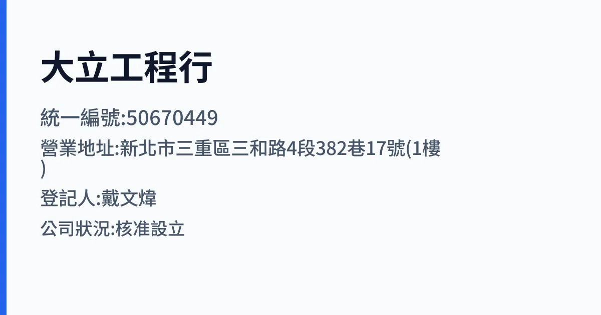 大立工程行 - 統編 50670449(新北市) 公司登記資料與營業項目詳細圖表