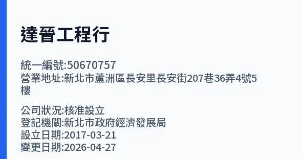 達晉工程行的照片-統編 50670757(新北市) 公司登記資料與營業項目詳細圖表