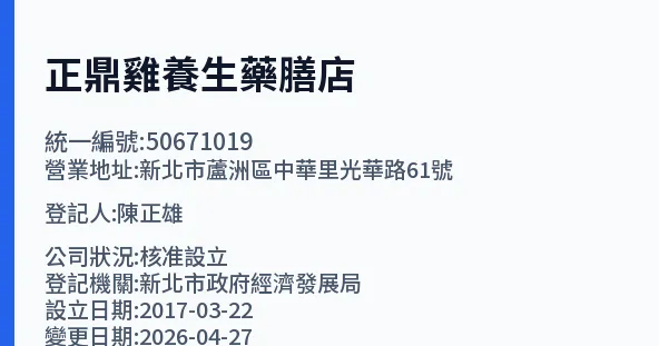 正鼎雞養生藥膳店的照片-統編 50671019(新北市) 公司登記資料與營業項目詳細圖表
