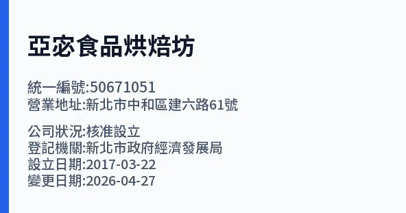 亞宓食品烘焙坊的照片-統編 50671051(新北市) 公司登記資料與營業項目詳細圖表