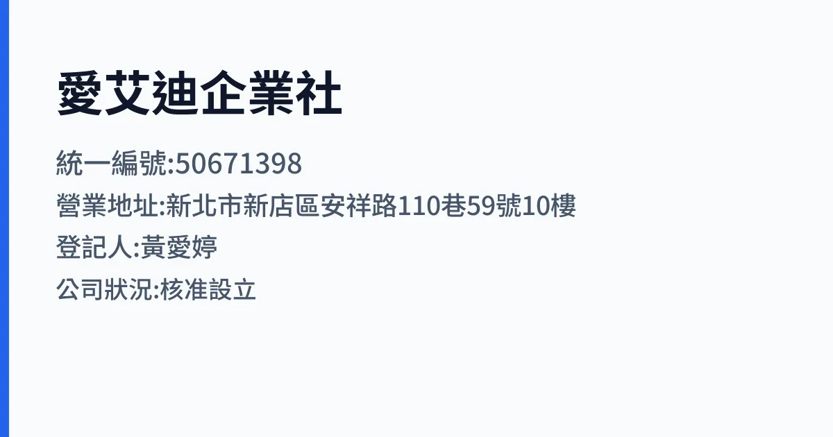 愛艾迪企業社 - 統編 50671398(新北市) 公司登記資料與營業項目詳細圖表