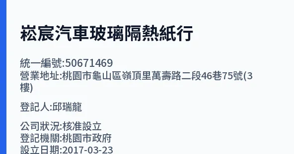 崧宸汽車玻璃隔熱紙行的照片-統編 50671469(桃園市) 公司登記資料與營業項目詳細圖表