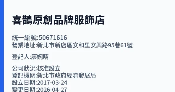 喜鵲原創品牌服飾店的照片-統編 50671616(新北市) 公司登記資料與營業項目詳細圖表