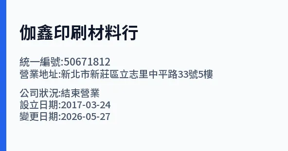 伽鑫印刷材料行的照片-統編 50671812(新北市) 公司登記資料與營業項目詳細圖表