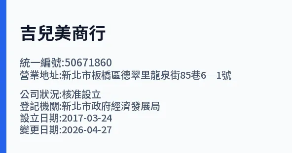 吉兒美商行的照片-統編 50671860(新北市) 公司登記資料與營業項目詳細圖表