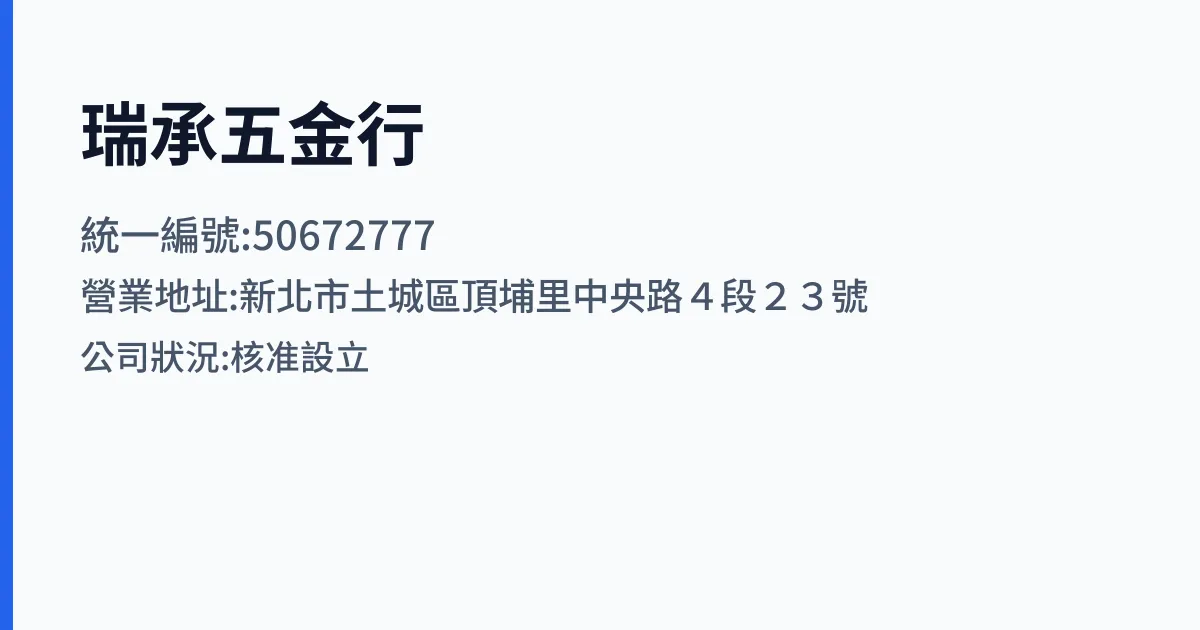 瑞承五金行 - 統編 50672777(新北市) 公司登記資料與營業項目詳細圖表