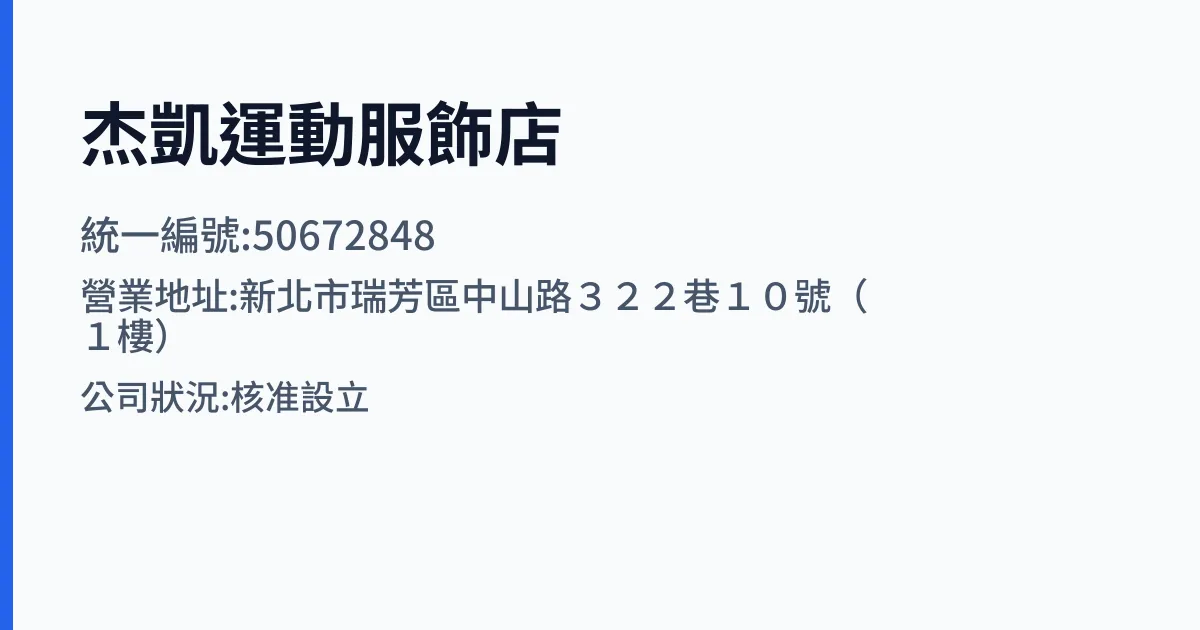 杰凱運動服飾店 - 統編 50672848(新北市) 公司登記資料與營業項目詳細圖表