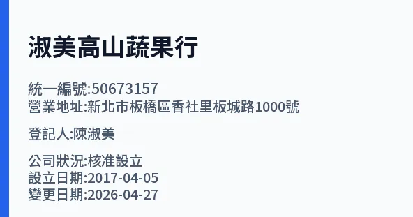 淑美高山蔬果行的照片-統編 50673157(新北市) 公司登記資料與營業項目詳細圖表