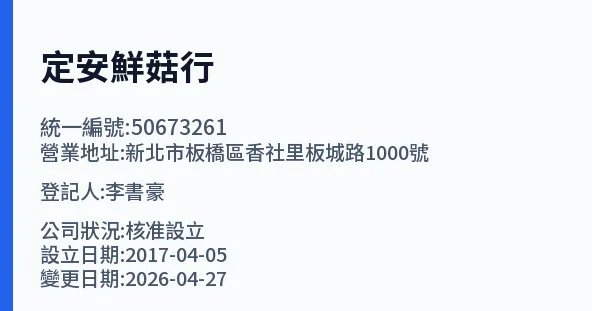 定安鮮菇行的照片-統編 50673261(新北市) 公司登記資料與營業項目詳細圖表