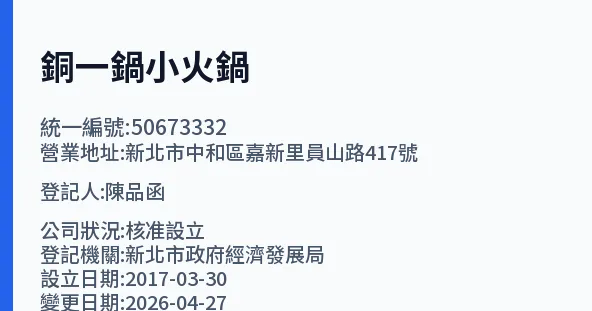 銅一鍋小火鍋的照片-統編 50673332(新北市) 公司登記資料與營業項目詳細圖表