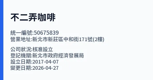 不二弄咖啡的照片-統編 50675839(新北市) 公司登記資料與營業項目詳細圖表