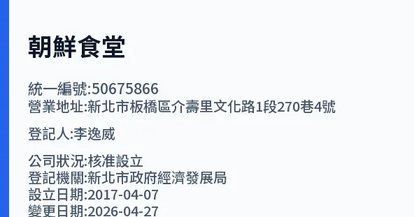 朝鮮食堂的照片-統編 50675866(新北市) 公司登記資料與營業項目詳細圖表