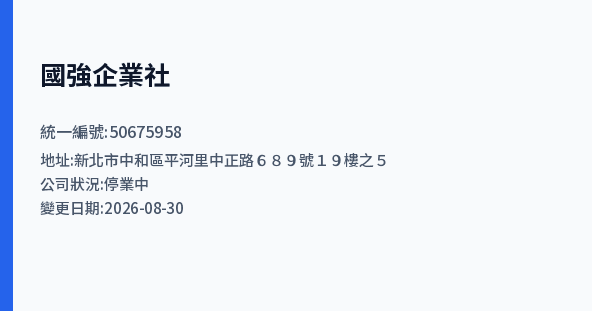 國強企業社的照片-統編 50675958(新北市) 公司登記資料與營業項目詳細圖表